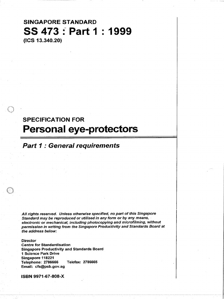 SS 473 Pt1 1999 Specification For Personal Eye Protectors Part 1 General Requirements | PDF