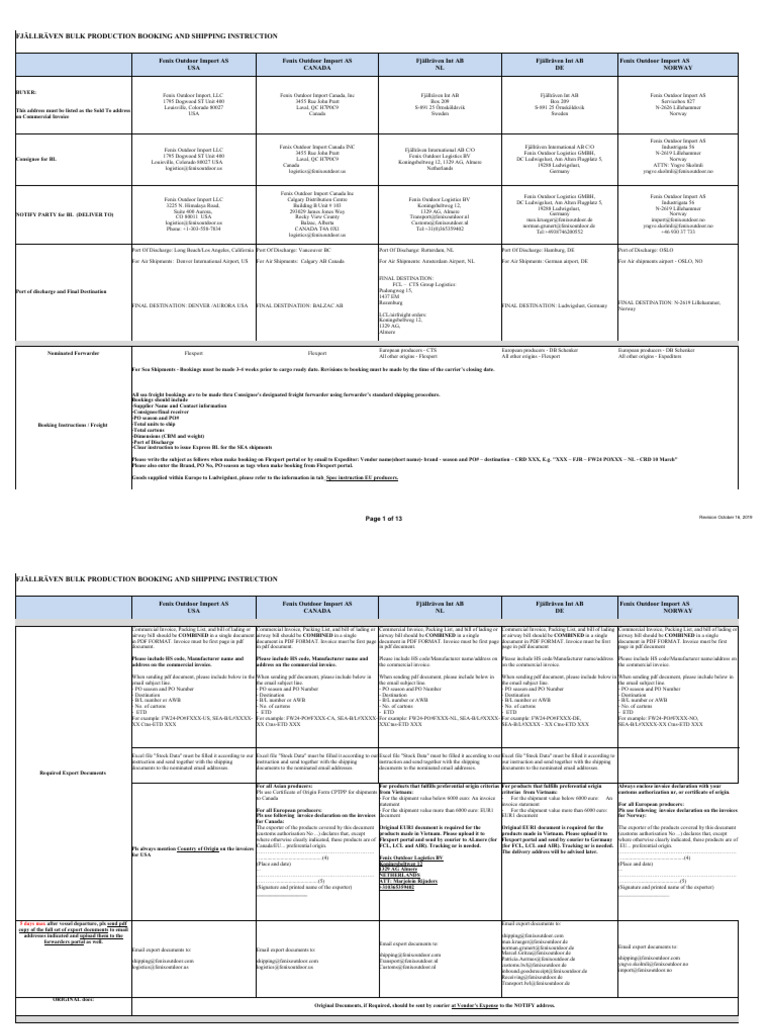 Flow FW24 FJALLRAVEN Bulk Shipping Instruction | PDF | Cargo | Invoice