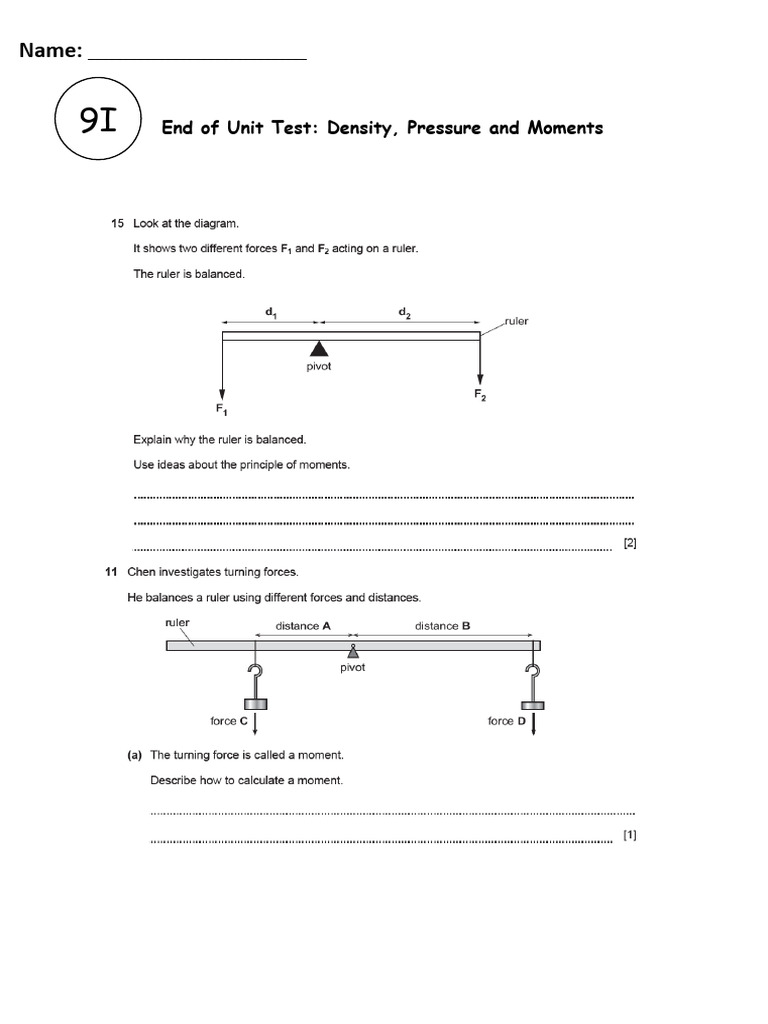 9I Density, Pressure and Moments End of Unit Test | PDF