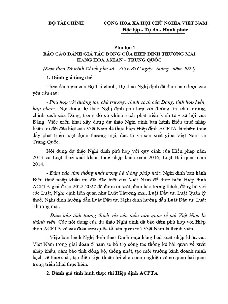 2.1. Phu Luc 1 - DGTD FTA 2018 2022 ACFTA - Báo Cáo Đánh Giá Tác Đ NG | PDF