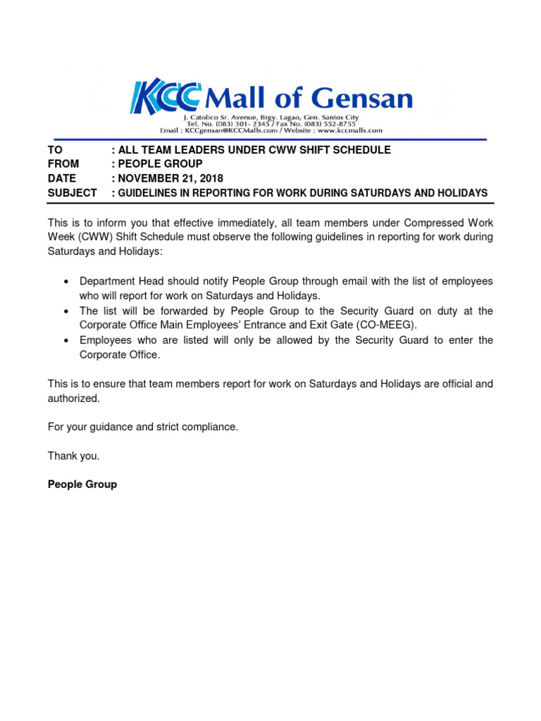 Memo 015 - GUIDELINES IN REPORTING FOR WORK DURING SATURDAYS AND ...