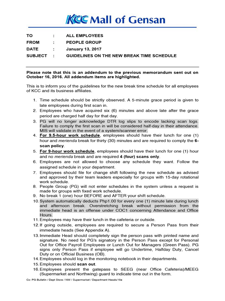 MEMO Guidelines On The New Break Time Schedule | PDF