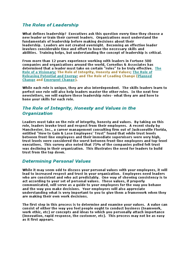 The Roles of Leadership | PDF | Value (Ethics) | Integrity