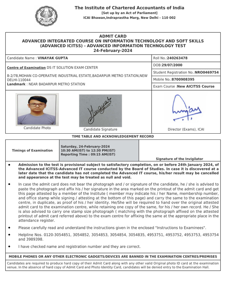 Advance ITT Admit Card | PDF