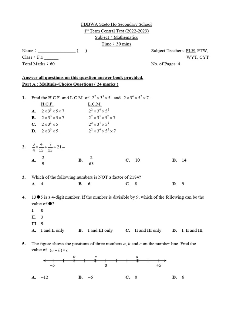 2022-23 - F.1 Maths-1st Central Test | PDF | Factorization | Abstract ...