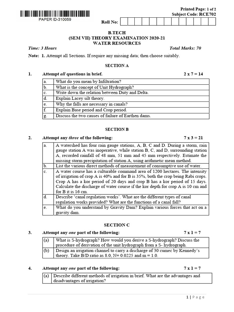 Btech Ce 7 Sem Water Resources Rce702 2021 | PDF | Discharge (Hydrology ...