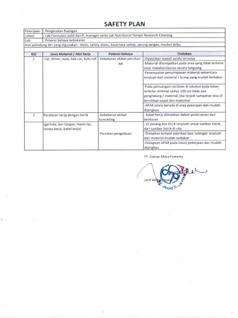 Safety Plan PT. Tempo Research-Cikarang | PDF