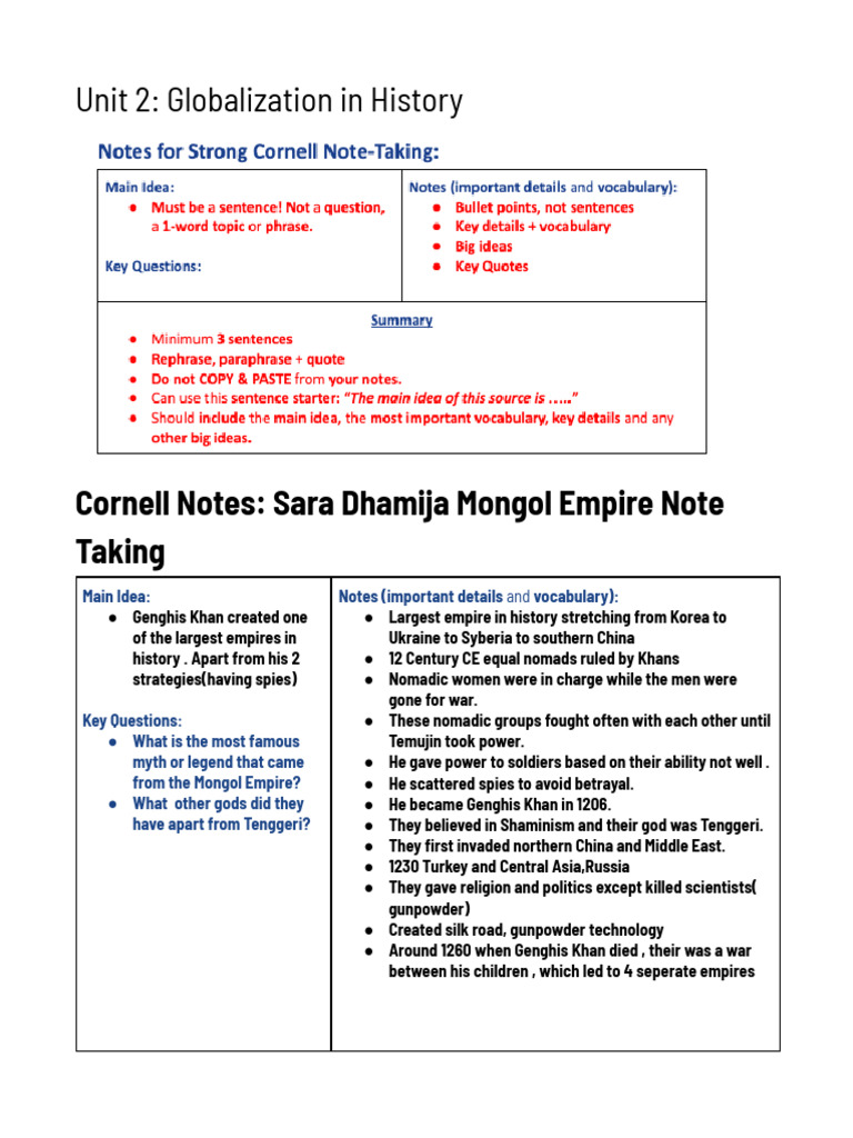 Unit 2 Mongol Empire Cornell Note Practice | PDF