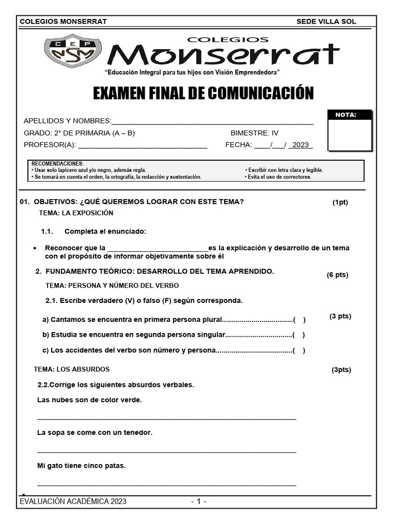 Ex Final Comunicación 2do Prim | PDF | Lingüística | Tipología Lingüística