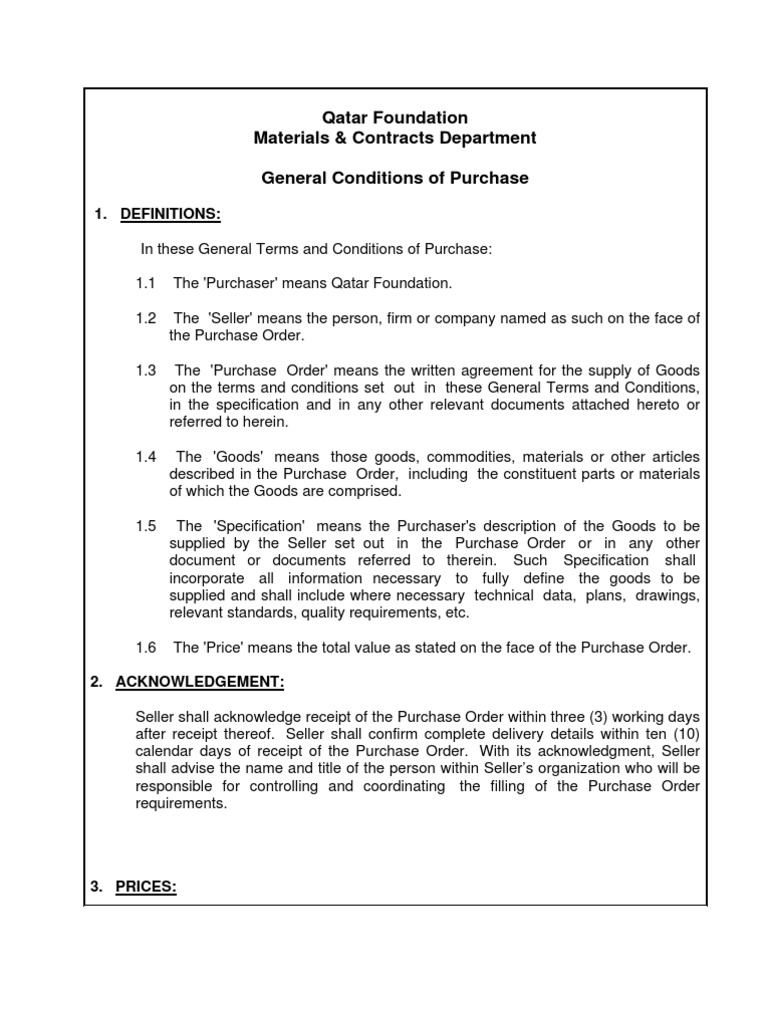 Qatar - General Conditions of Purchase | PDF | Indemnity | Contractual Term