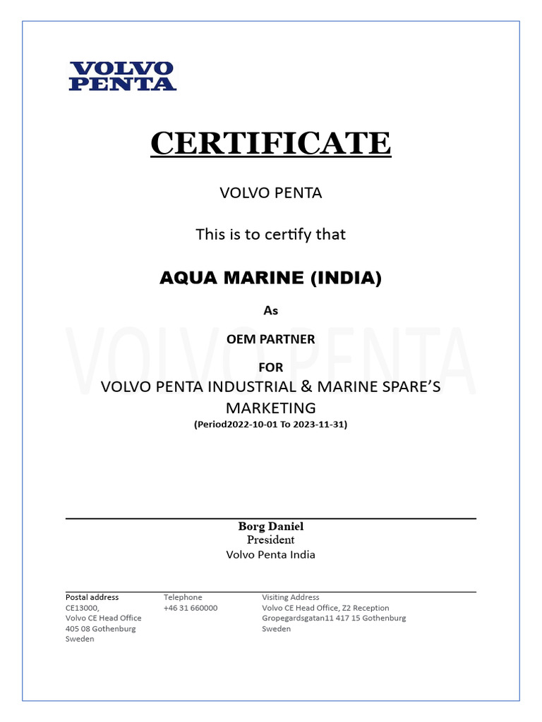 Certificate: Volvo Penta This Is To Certify That Aqua Marine (India) | PDF