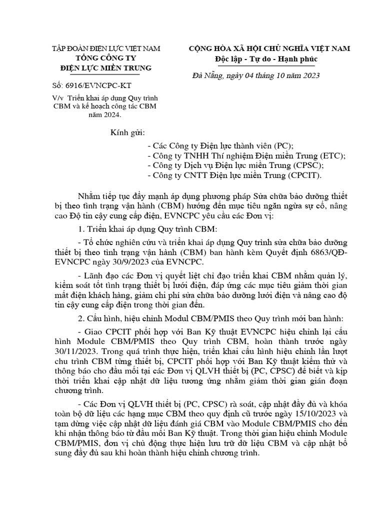 6916 EVNCPC Trien Khai Ap Dung QT CBM Va Ke Hoach Cong Tac CBM Nam 2024 | PDF