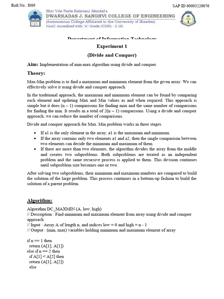 Experiment 1 Min Max Daa | PDF | Mathematics Of Computing | Computational Science