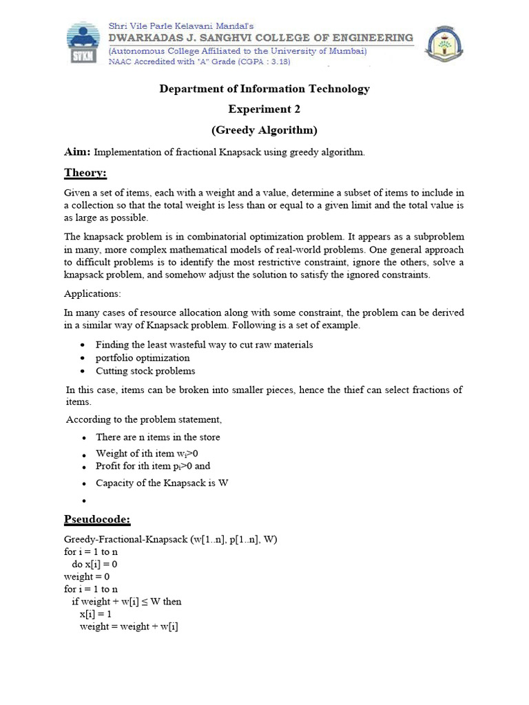 Experiment 2 Knapsack Daa | PDF | Mathematical Analysis | Applied Mathematics