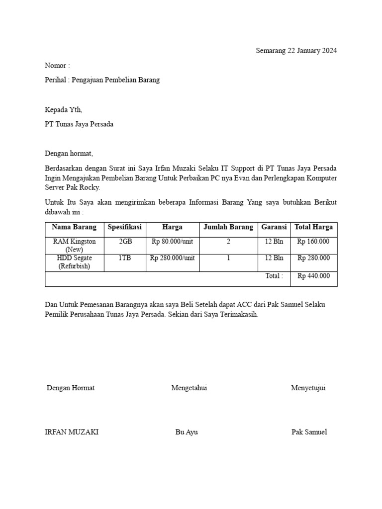 Surat Pengajuan Pembelian RAM Dan HDD | PDF