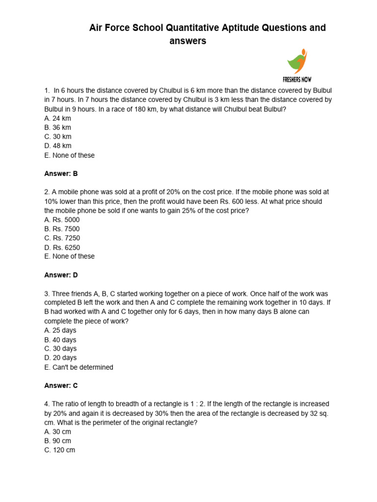 Air Force School Quantitative Aptitude Questions | PDF | Length | Prices