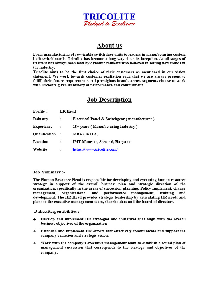 JD - HR Head (Tricolite Manesar) | PDF | Human Resource Management ...