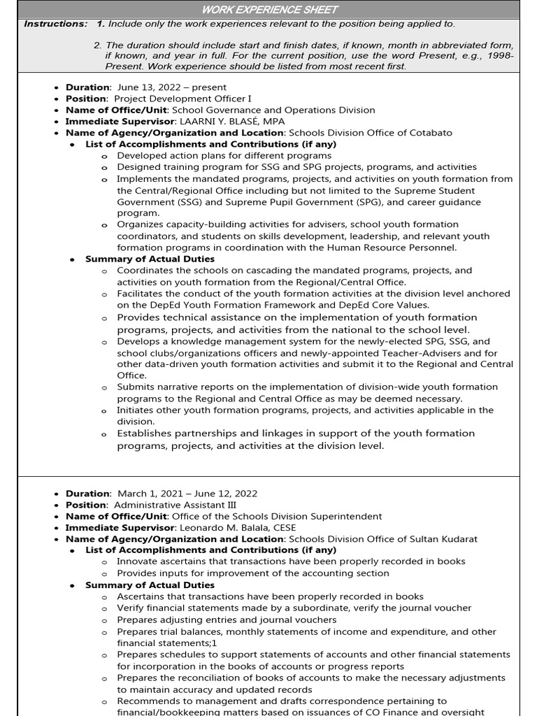 CS Form No. 212 Attachment - Work Experience Sheet | PDF | Bookkeeping ...