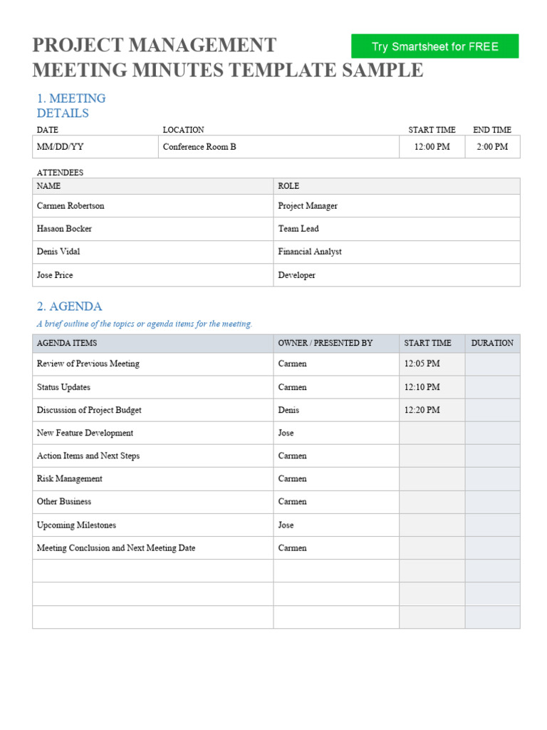 IC Project Management Meeting Minutes Sample 11856 - WORD | Download ...