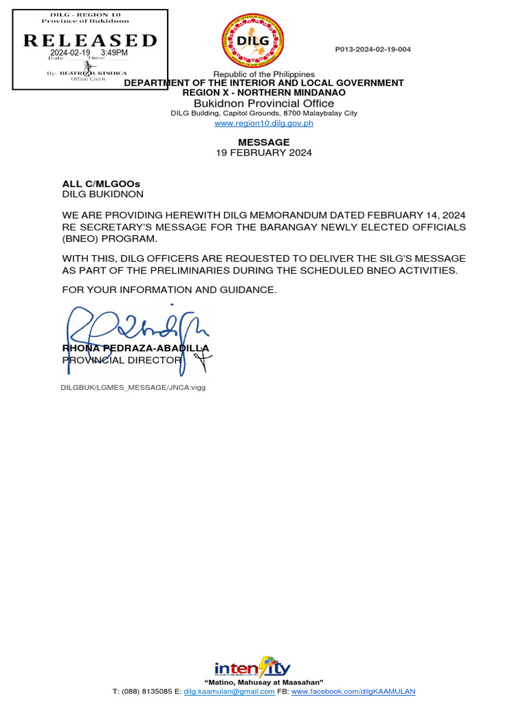 MESSAGE TO CMLGOOs SECRETARYS MESSAGE FOR THE BNEO PROGRAM | PDF ...