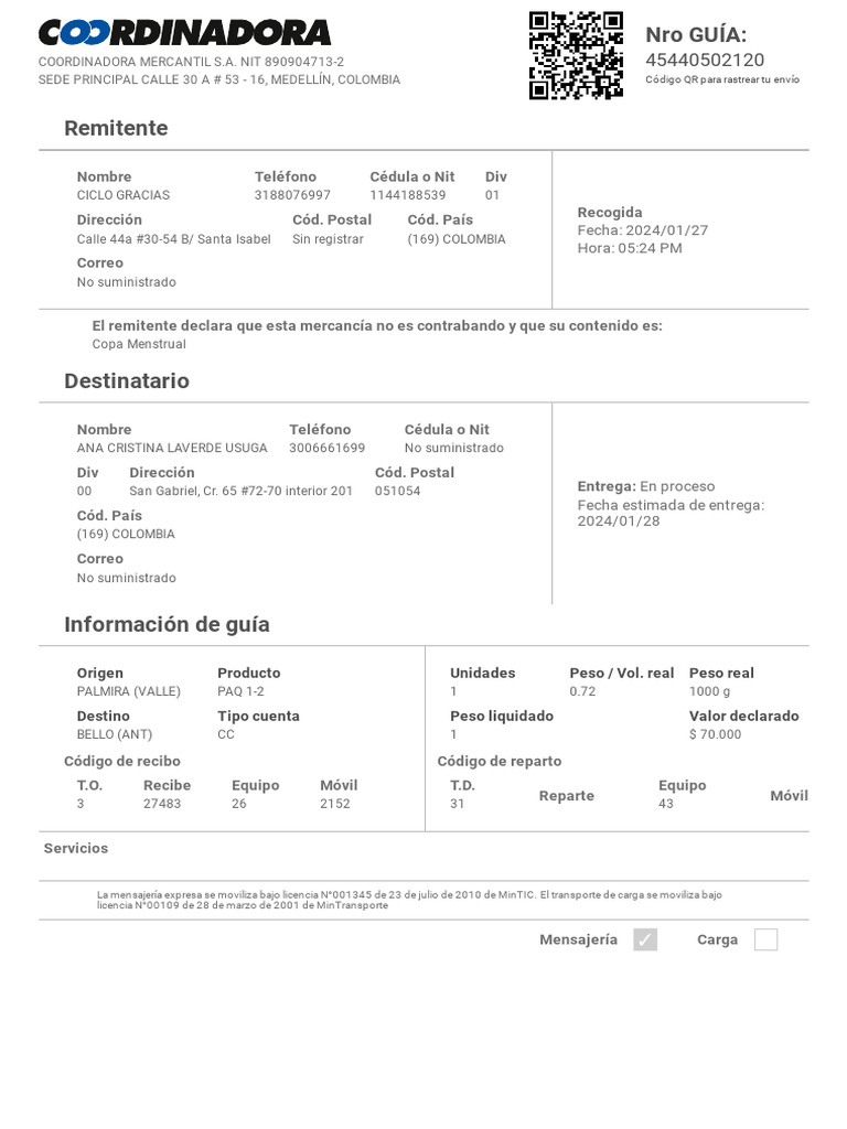 Guía de Envío: Ejemplo y Formato | PDF | Telecomunicaciones | Industrias de servicio