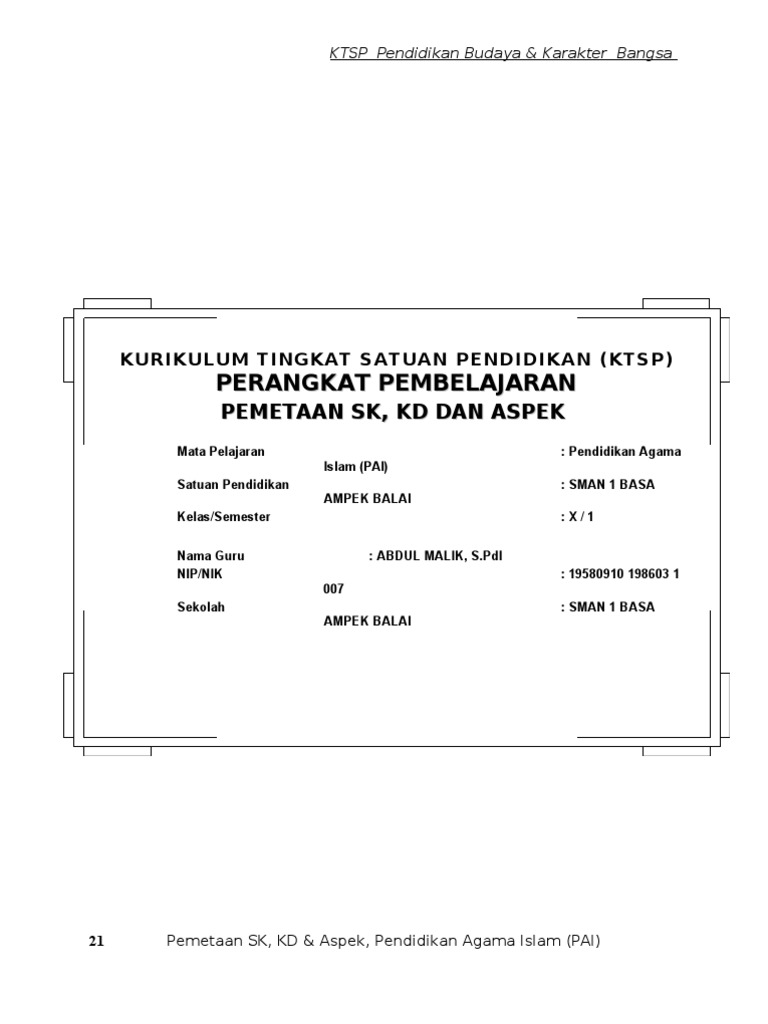 Pemetaan SK-KD Pai Sma | PDF