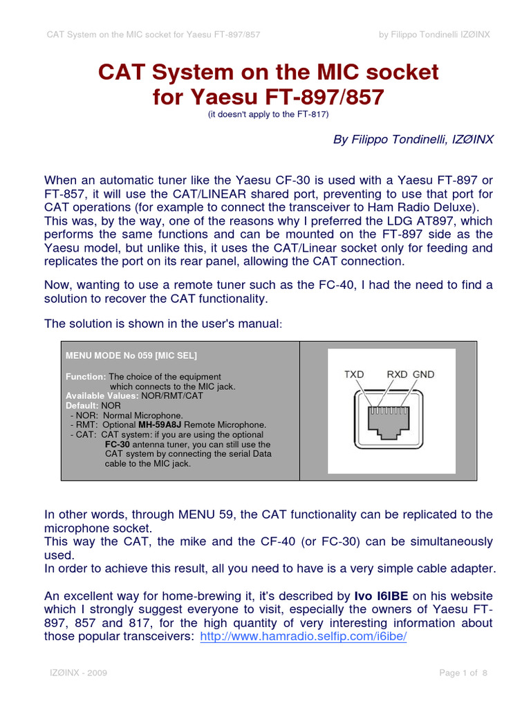CAT Mic Yaesu Ft897 | PDF | Electrical Connector | Information And ...