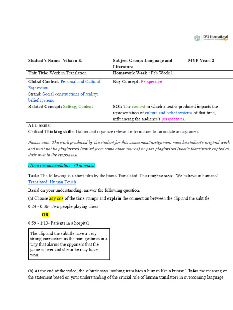 Myp2 HW Feb WK 1 Docx - Vihaan K | PDF | Foreign Language Studies ...