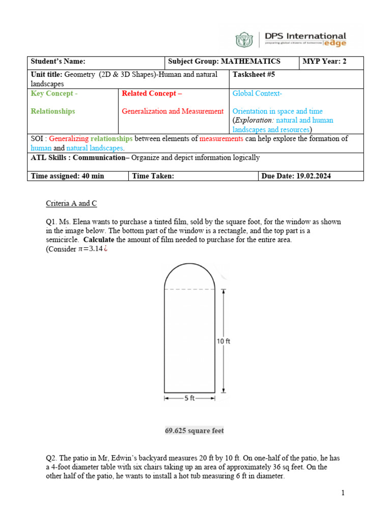 MYP2 Geometry Tasksheet on Shapes | PDF | Area | Geometry