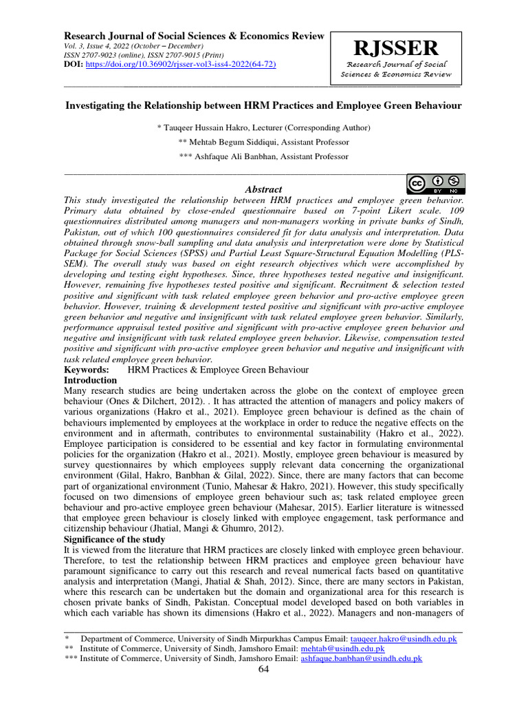 Investigating The Relationship Between Hrm Practices And Employee Green Behaviour Pdf Human