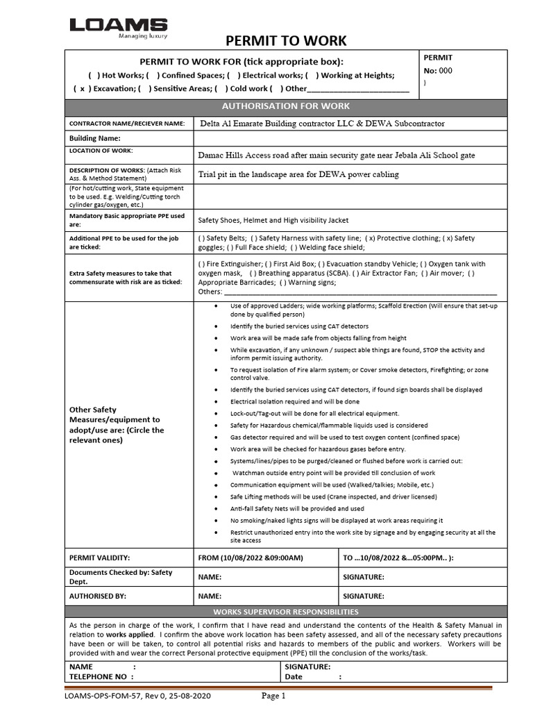Loams Permit To Work For Excavation | PDF | Occupational Safety And ...