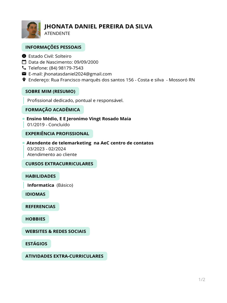 Currículo - Jhonata Daniel Pereira Da Silva | PDF