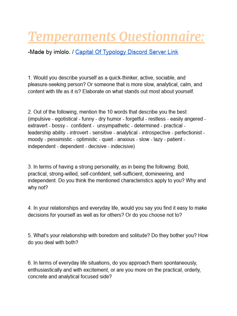 Temperaments Questionnaire | PDF | Extraversion And Introversion ...