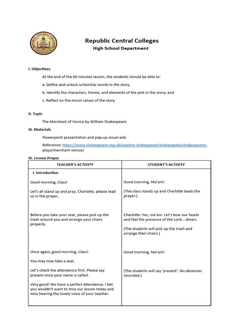 Group 2 - Lesson Plan | PDF | The Merchant Of Venice | Shylock