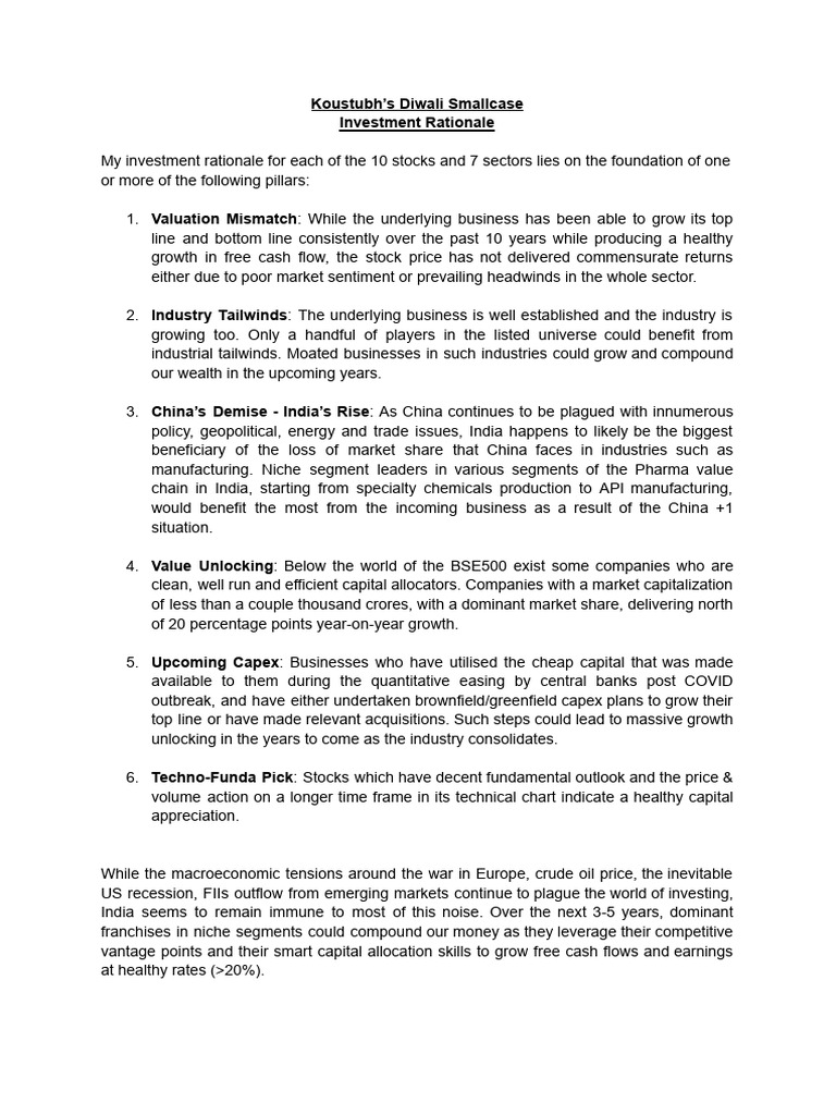 Investment Rationale (1) - Koustubh Soudarthi | PDF | Banks | Valuation ...