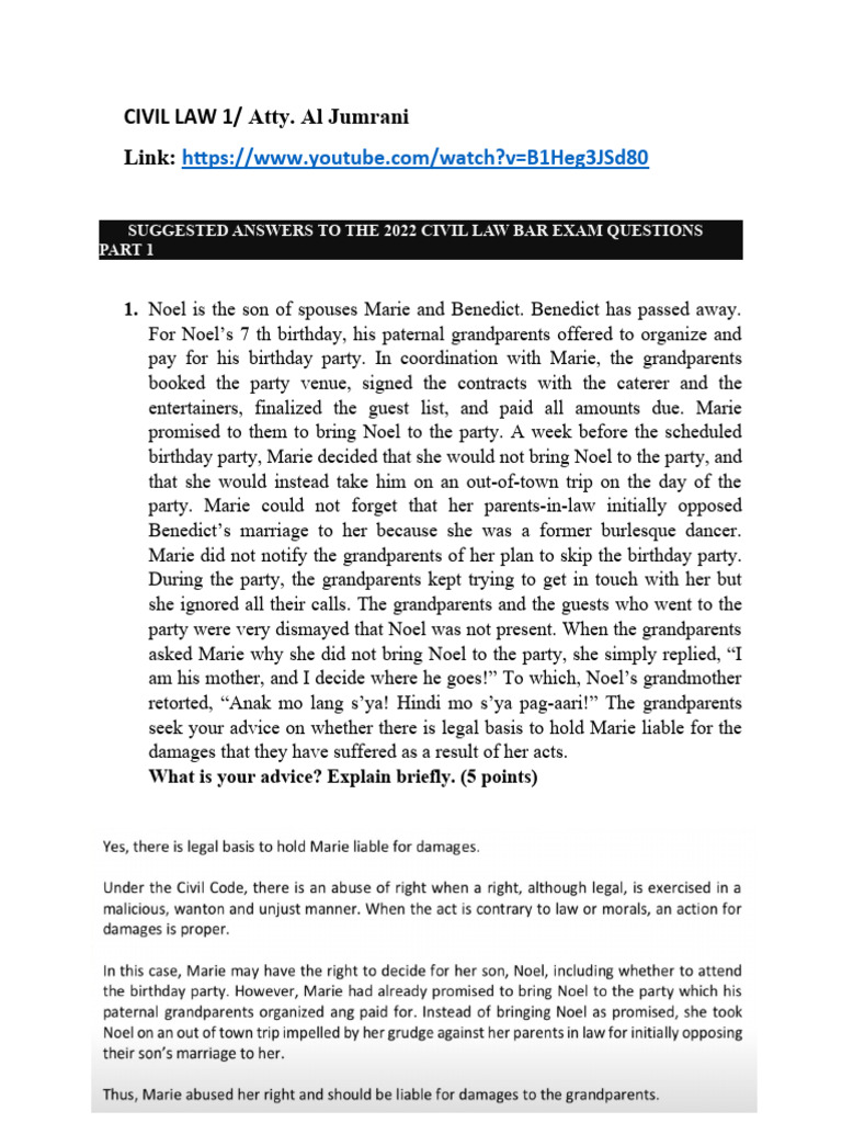 Suggested Answers To The 2022 Civil Law Bar Exam Questions Part 1 | PDF ...