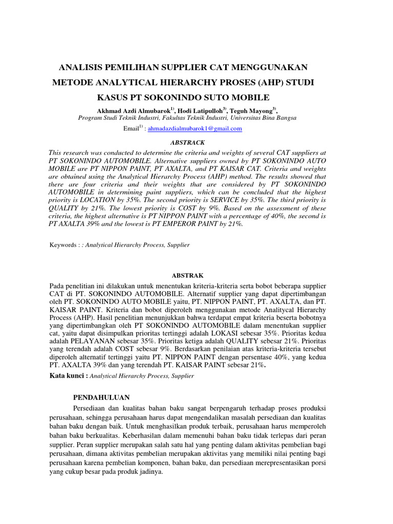 Penerapan Metode Analytical Hierarchy Process Pt Sokonindo Auto Mobile