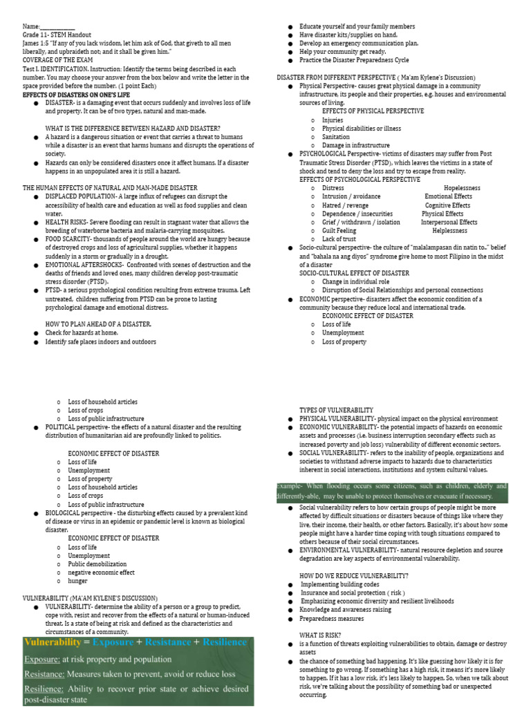 HANDOUT-Grade 11- STEM | PDF | Hazards | Vulnerability
