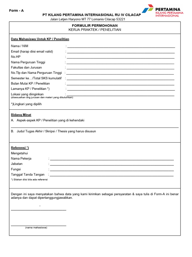 Formulir Permohonan Kerja Praktek | PDF