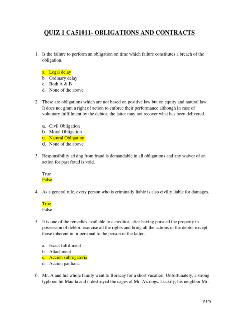 OBLICON Quiz 1 and 2 | PDF | Law Of Obligations | Legal Concepts