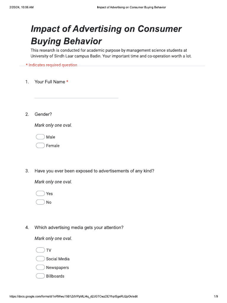 Impact of Advertisement On Buying Behavior Questions | PDF