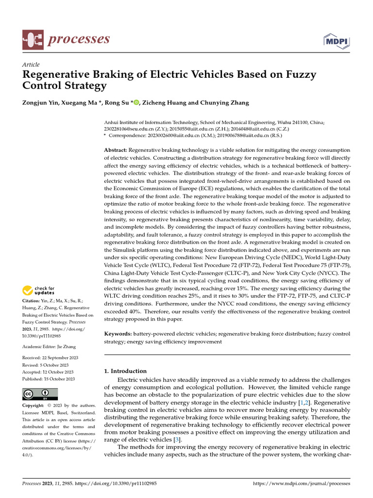 Regenerative Braking of Electric Vehicles Based On | PDF | Brake | Fuzzy Logic