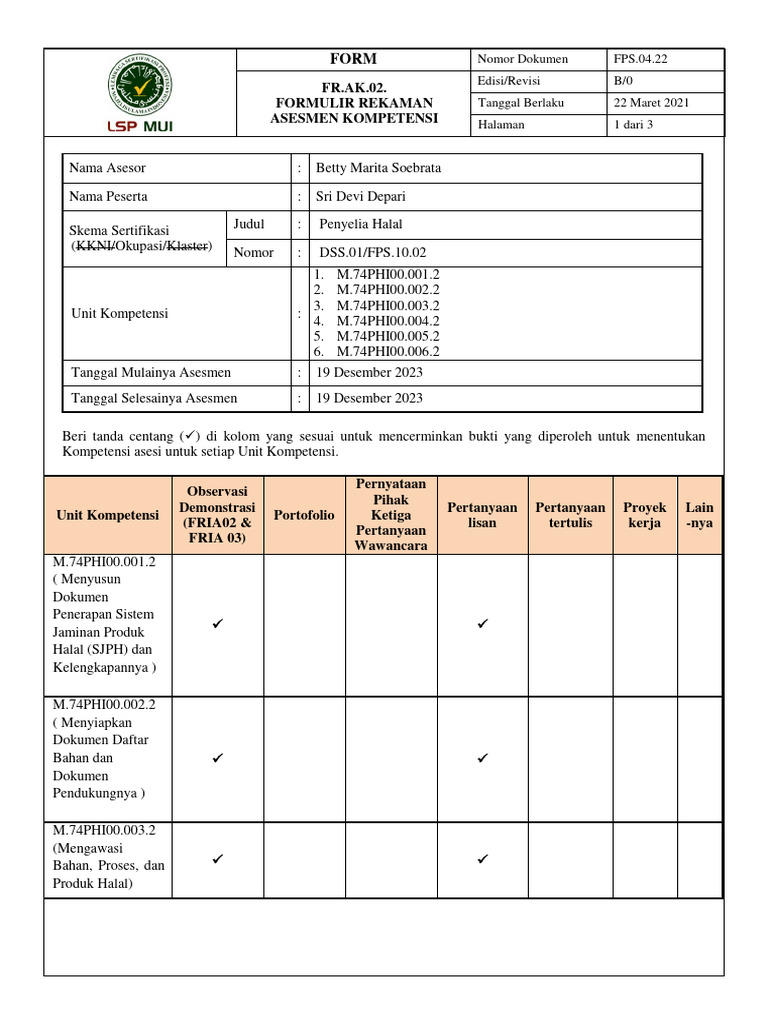 FR - Ak.02. Formulir Rekaman Asesmen Kompetensi (Penyelia Halal) | PDF