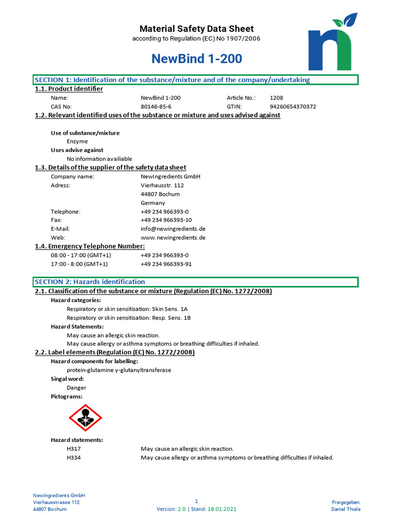 MSDS - English - 1208 - NewBind 1-200 - V2.0 | PDF | Allergy | Chemical ...
