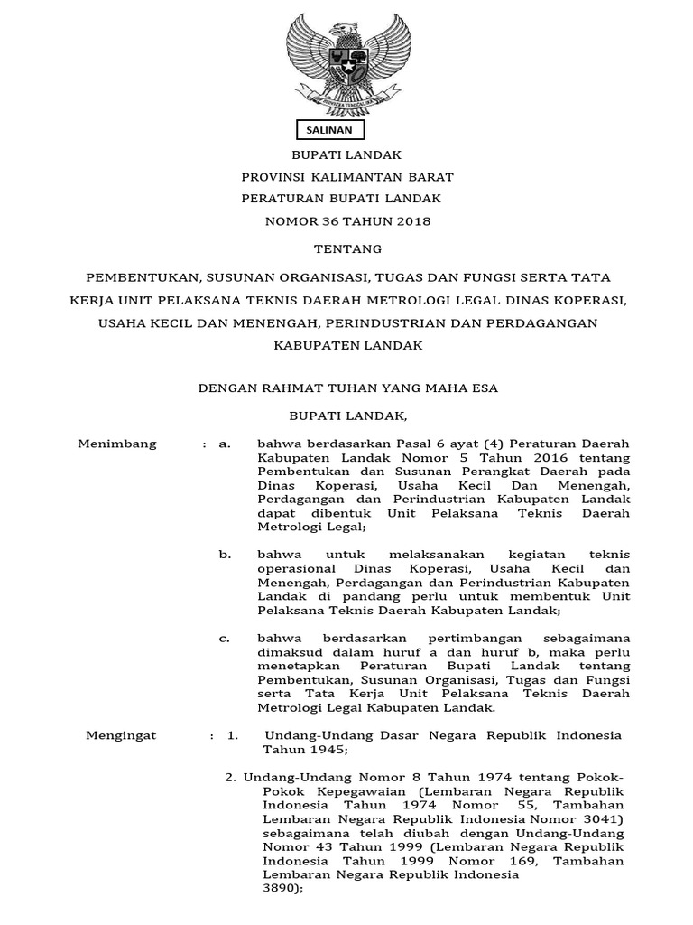 Perbup No 36 Tahun 2018 TTG SOTK UPTD Metrologi Legal | PDF