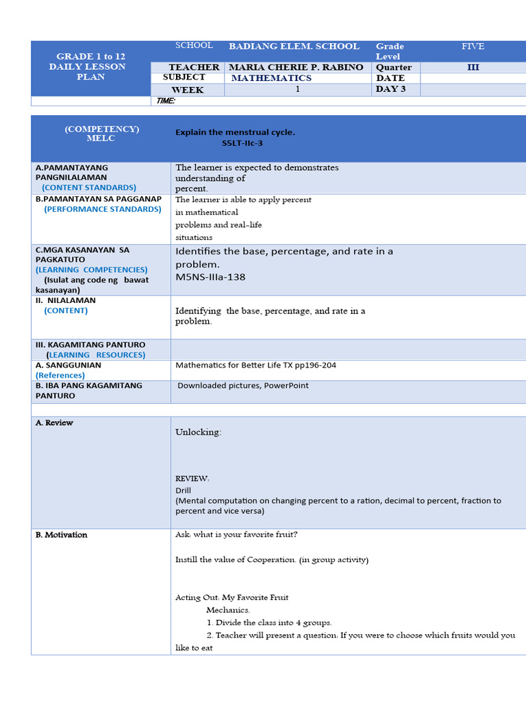 Cot Plan Science Pdf Percentage Teachers