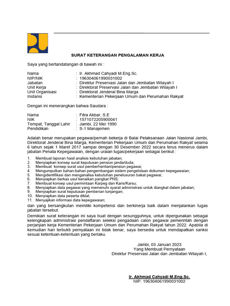 Surat Pengalaman Kerja_Ess 2_BPJN Jambi | PDF