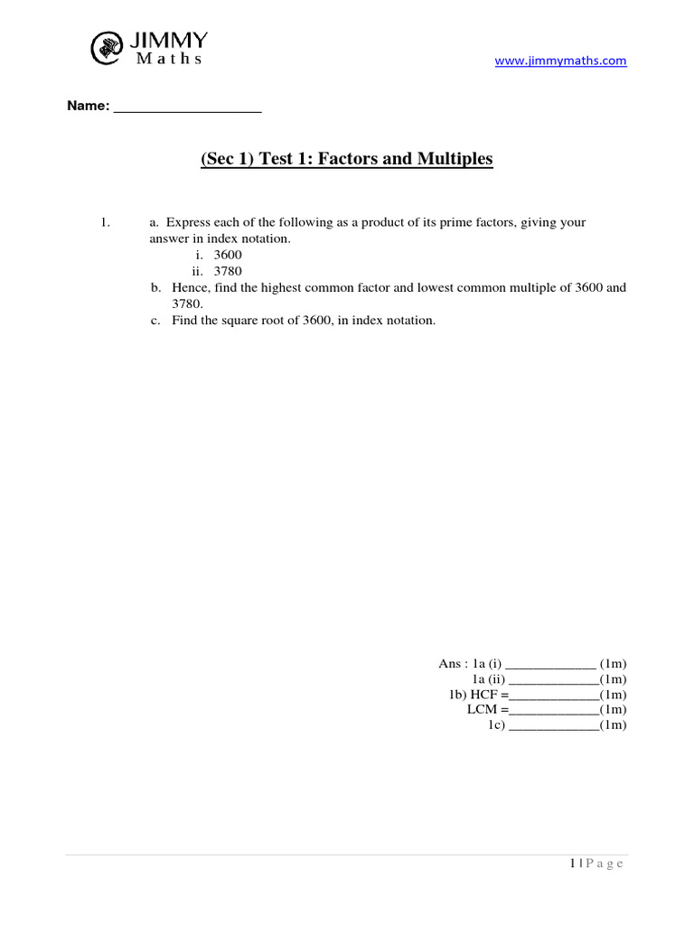 Factors and Multiples Test for Sec 1 | PDF | Mathematical Concepts ...