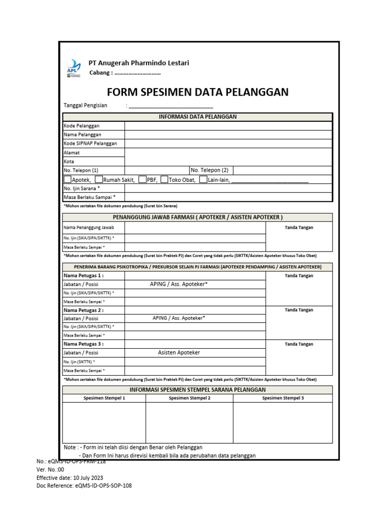 Apl Form Spesimen Data Pelanggan Pdf