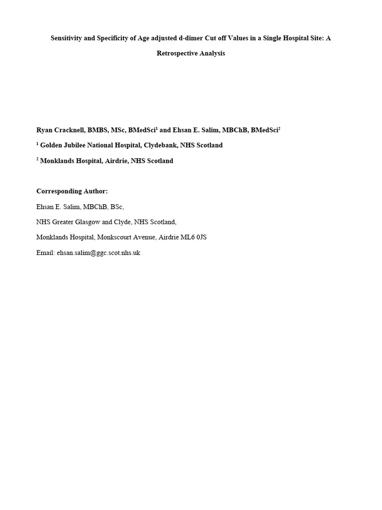 Age Adjusted D-Dimer Edit 27-06-22 | Download Free PDF | Sensitivity ...